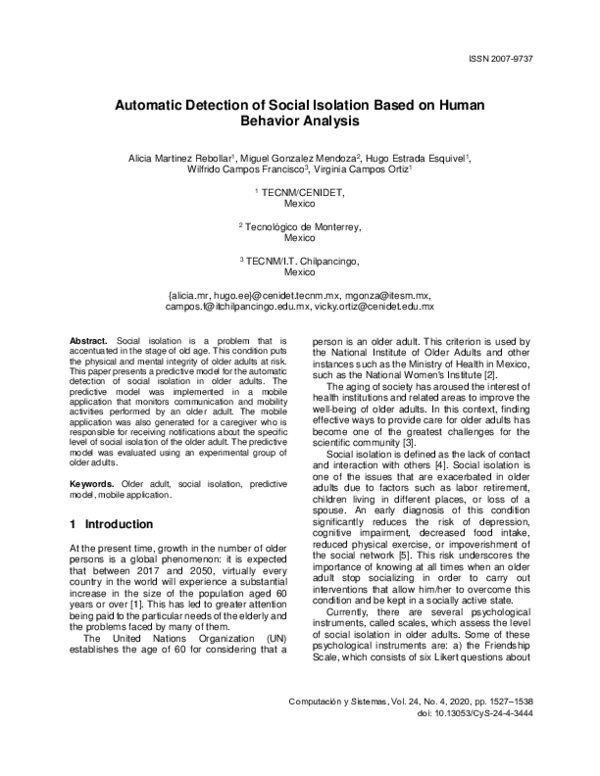 (PDF) Automatic Detection of Social Isolation based on Human behavior Analysis
