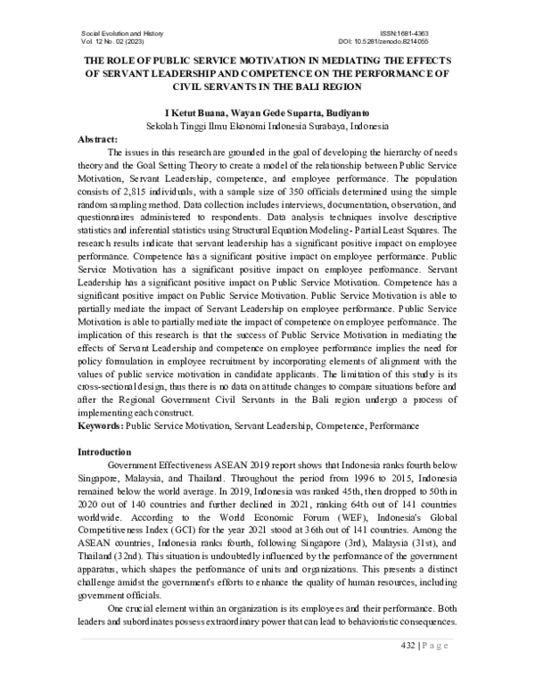 (PDF) Public Service Motivation and Employee Performance