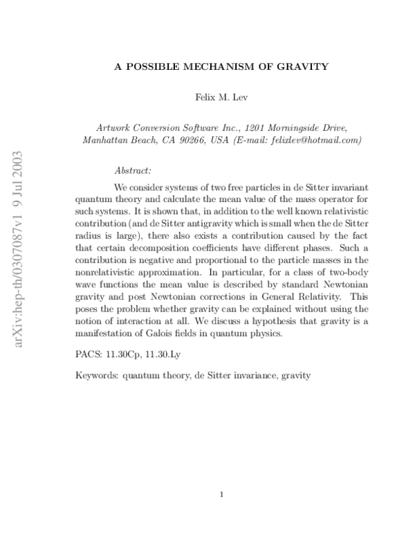 (PDF) A Possible Mechanism of Gravity