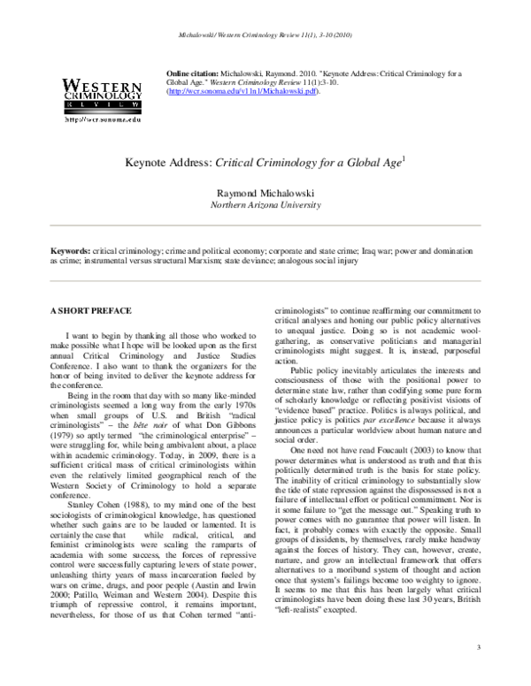 (PDF) Keynote address: Critical criminology for a global age