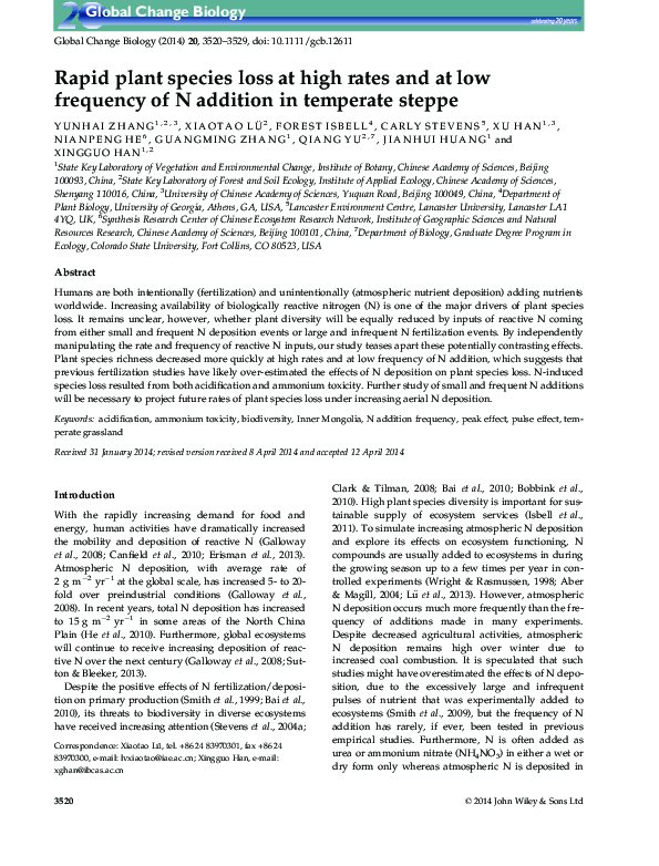 (PDF) Rapid plant species loss at high rates and at low frequency of N ...
