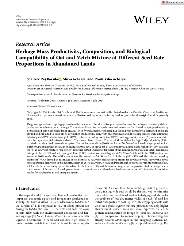 (PDF) Herbage Mass Productivity, Composition, and Biological Compatibility of Oat and Vetch ...