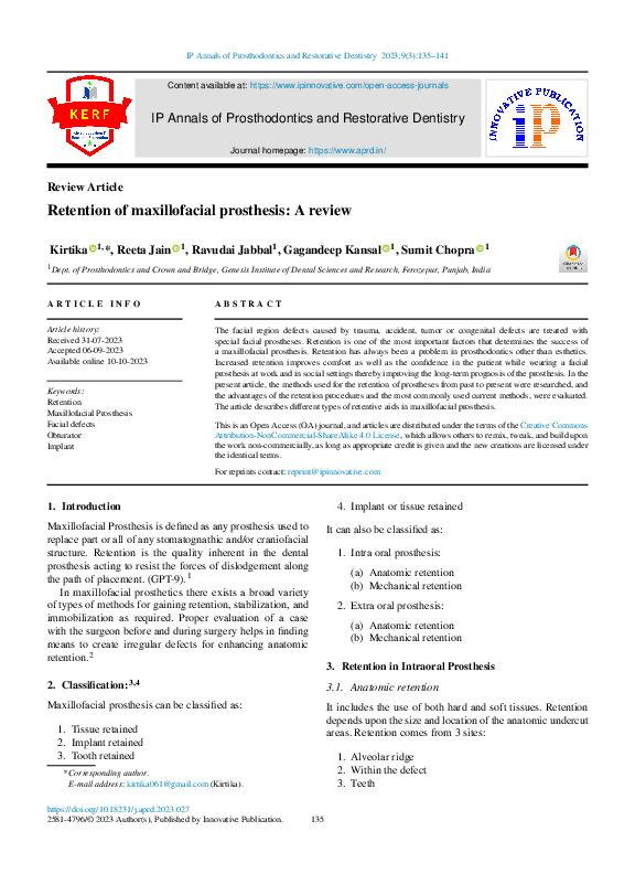 (PDF) Retention of maxillofacial prosthesis: A review