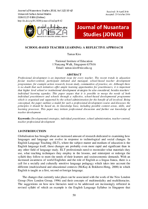 (PDF) School-Based Teacher Learning: A Reflective Approach