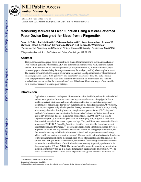 (PDF) Measuring Markers of Liver Function Using a Micropatterned Paper ...