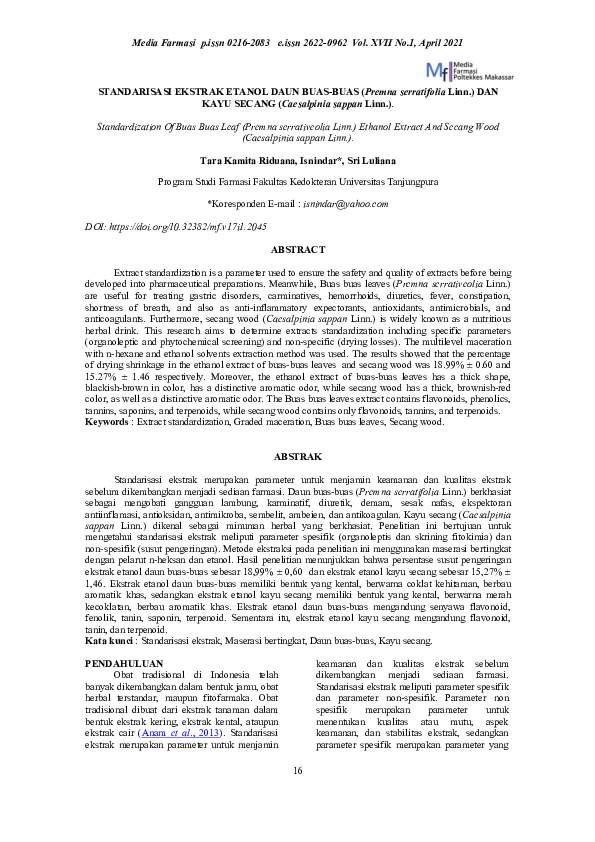 (PDF) STANDARISASI EKSTRAK ETANOL DAUN BUAS-BUAS (Premna serratifolia ...