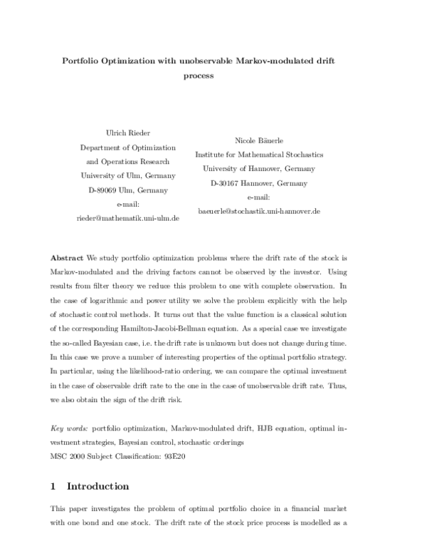(PDF) Portfolio optimization with unobservable Markov-modulated drift process
