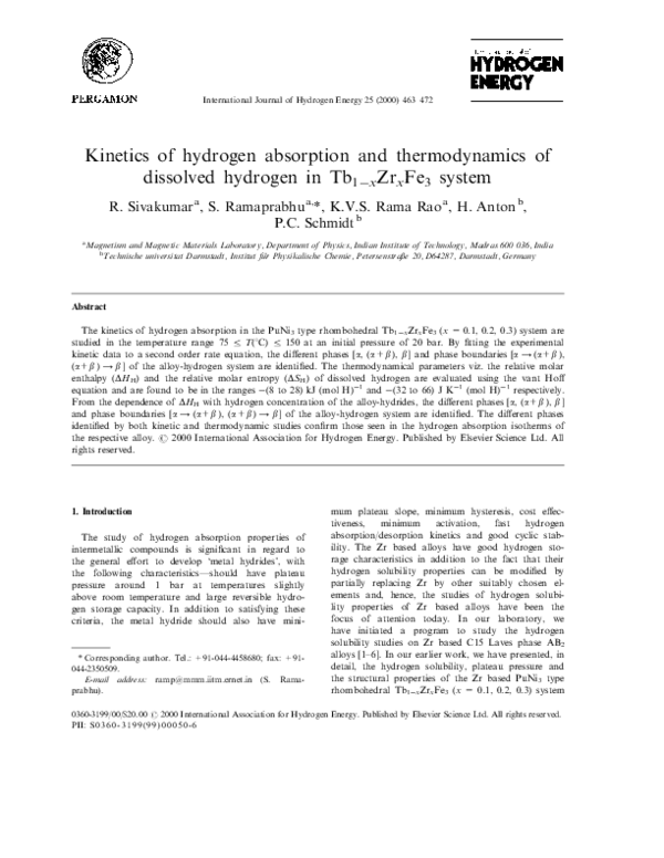 (PDF) Kinetics of hydrogen absorption and thermodynamics of dissolved ...