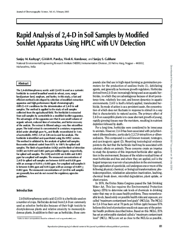 (PDF) Rapid Analysis of 2,4-D in Soil Samples by Modified Soxhlet Apparatus Using HPLC with UV ...