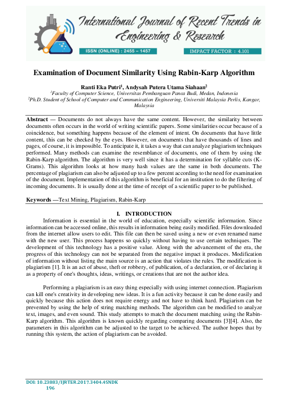 (PDF) Examination of Document Similarity Using Rabin-Karp Algorithm