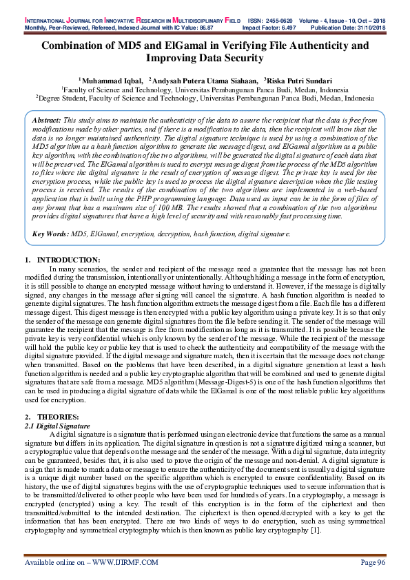 (PDF) Combination of MD5 and ElGamal in Verifying File Authenticity and Improving Data Security