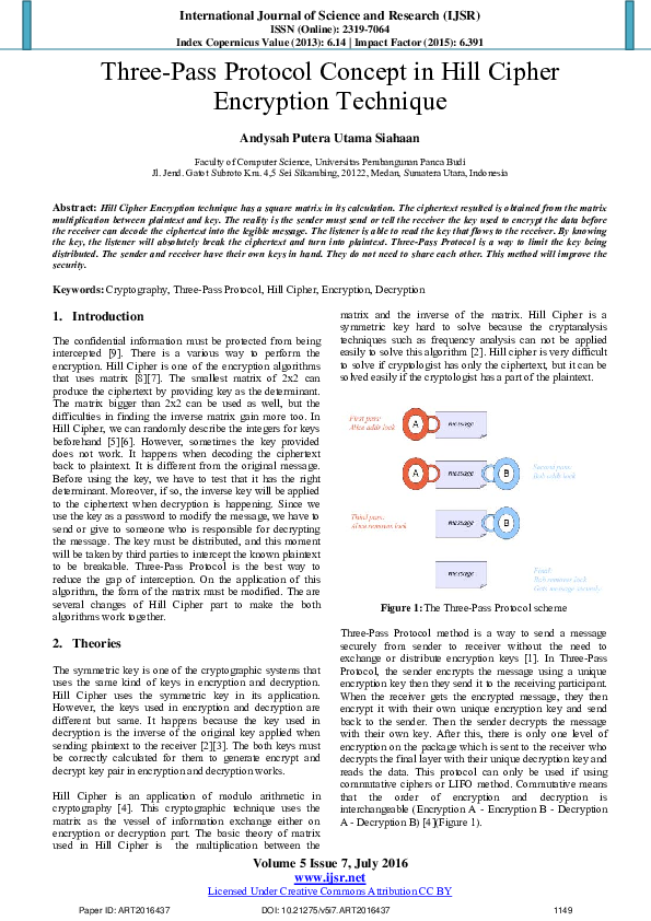 (PDF) Three-Pass Protocol Concept in Hill Cipher Encryption Technique