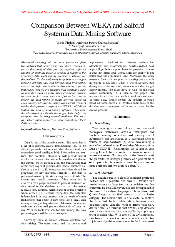 (PDF) Comparison Between WEKA and Salford System in Data Mining Software