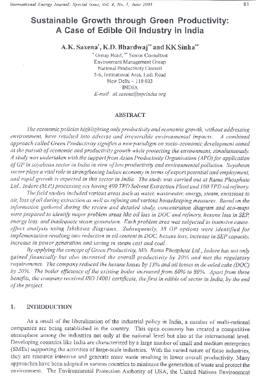 (PDF) Sustainable Growth through Green Productivity: A Case of Edible ...