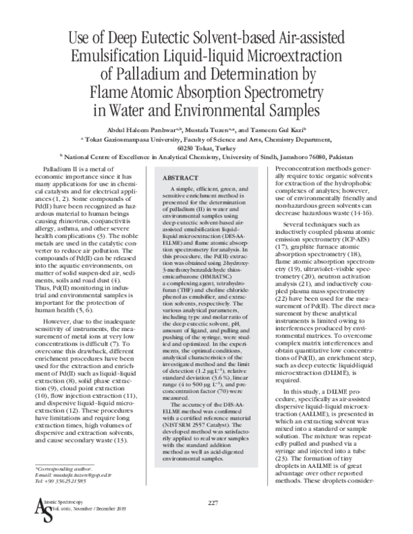 (PDF) Use of Deep Eutectic Solvent-based Air-assisted Emulsification Liquid-liquid ...