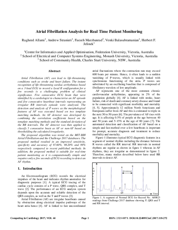 (PDF) Atrial Fibrillation Analysis for Real Time Patient Monitoring