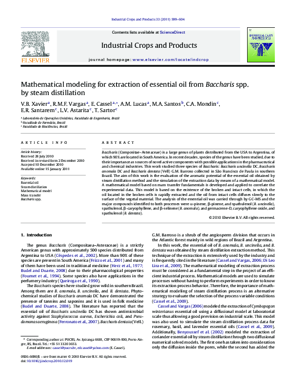(PDF) Mathematical modeling for extraction of essential oil from Baccharis spp. by steam ...