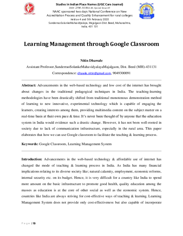 (PDF) LEARNING MANAGEMENT THROUGH GOOGLE CLASSROOM
