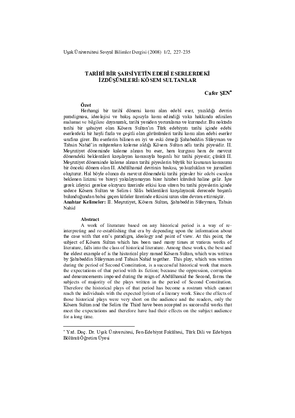 (PDF) Tarihî Bir Şahsiyetin Edebî Eserlerdeki İzdüşümleri Kösem Sultanlar