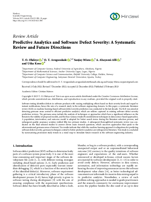 (PDF) Predictive Analytics and Software Defect Severity: A Systematic ...