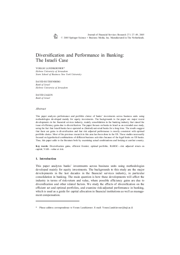 (PDF) Diversification and Performance in Banking: The Israeli Case