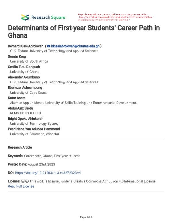 (PDF) Determinants of First-year Students' Career Path in Ghana