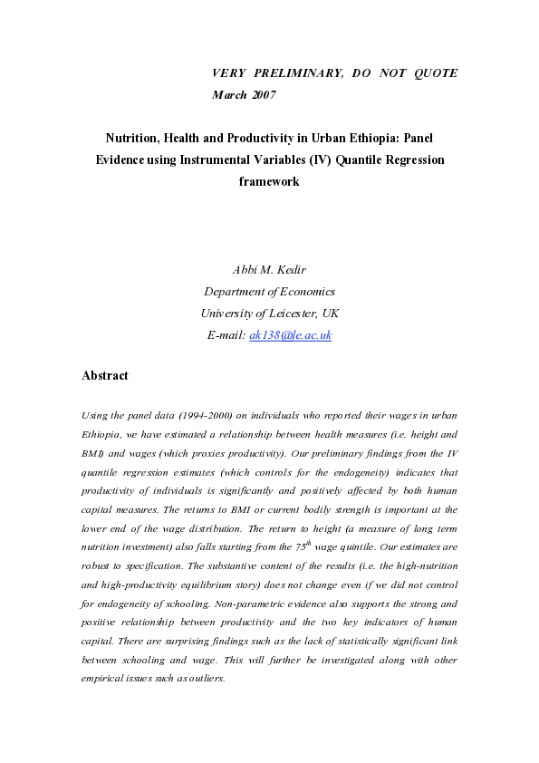 Pdf Nutrition Health And Productivity In Urban Ethiopia Panel Evidence Using Instrumental
