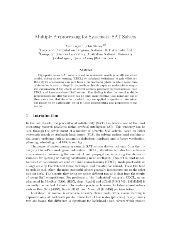 (PDF) Multiple preprocessing for systematic SAT solvers