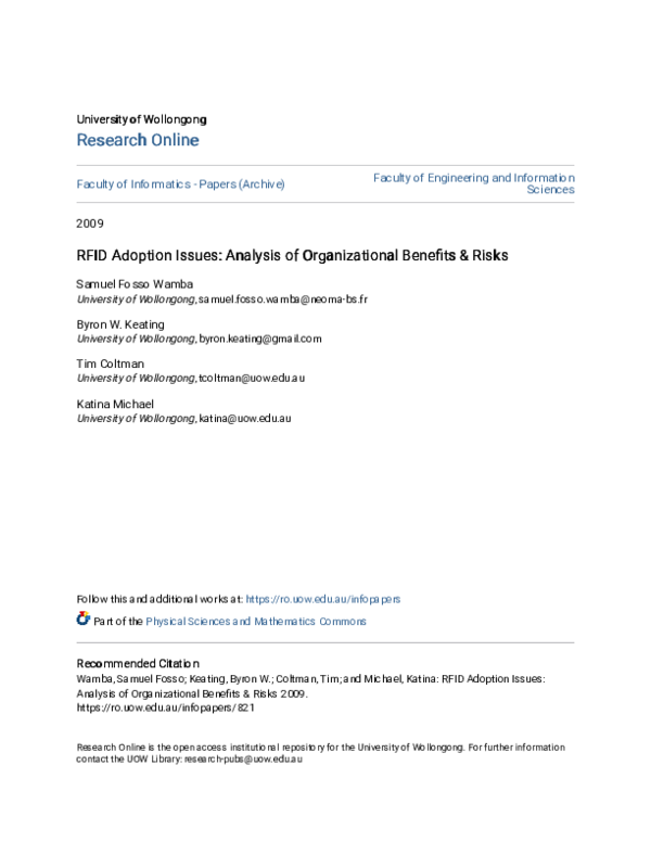 (PDF) RFID Adoption Issues: Analysis of Organizational Benefits and Risks
