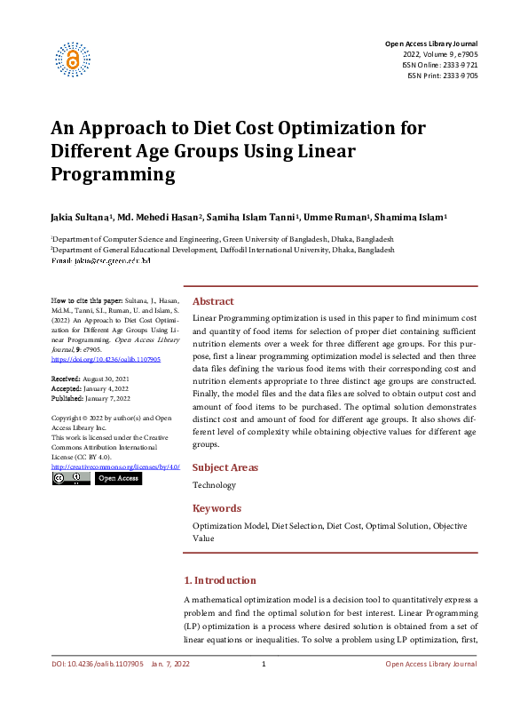 (PDF) An Approach to Diet Cost Optimization for Different Age Groups Using Linear Programming