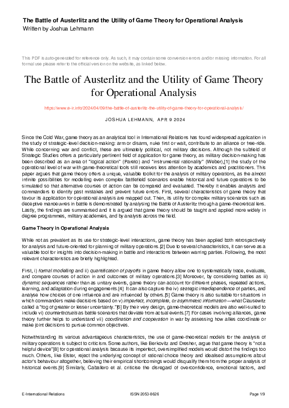 (PDF) The Battle of Austerlitz and the Utility of Game Theory for ...