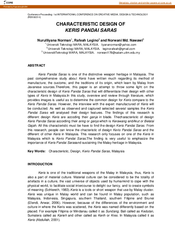 (PDF) Characteristic Design Of Keris Pandai Saras