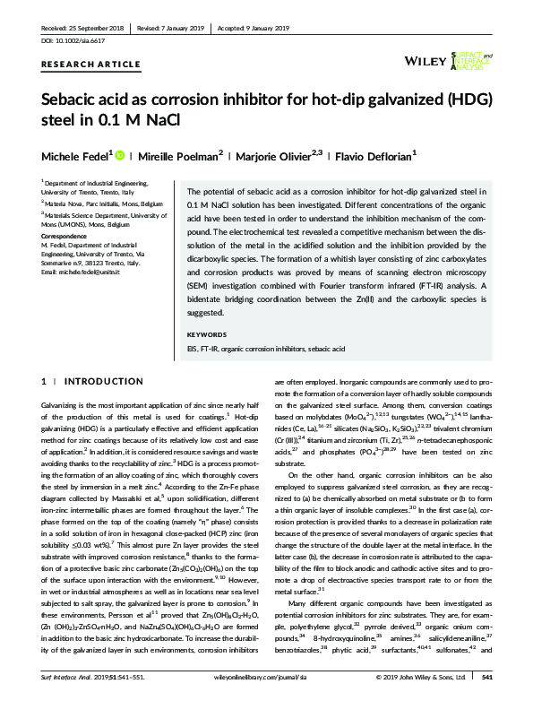 (PDF) Sebacic acid as corrosion inhibitor for hot‐dip galvanized (HDG ...