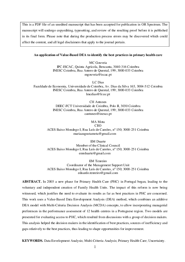 (PDF) An application of value-based DEA to identify the best practices in primary health care