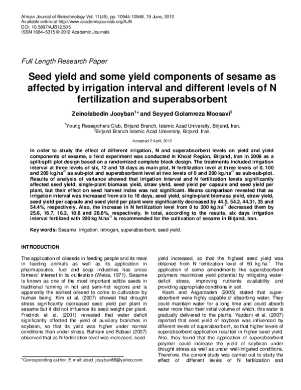 (PDF) Seed yield and some yield components of sesame as affected by ...