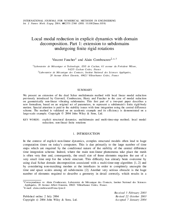 (PDF) Local modal reduction in explicit dynamics with domain decomposition. Part 1: extension to ...