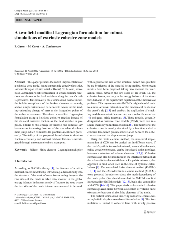 (PDF) A two-field modified Lagrangian formulation for robust simulations of extrinsic cohesive ...