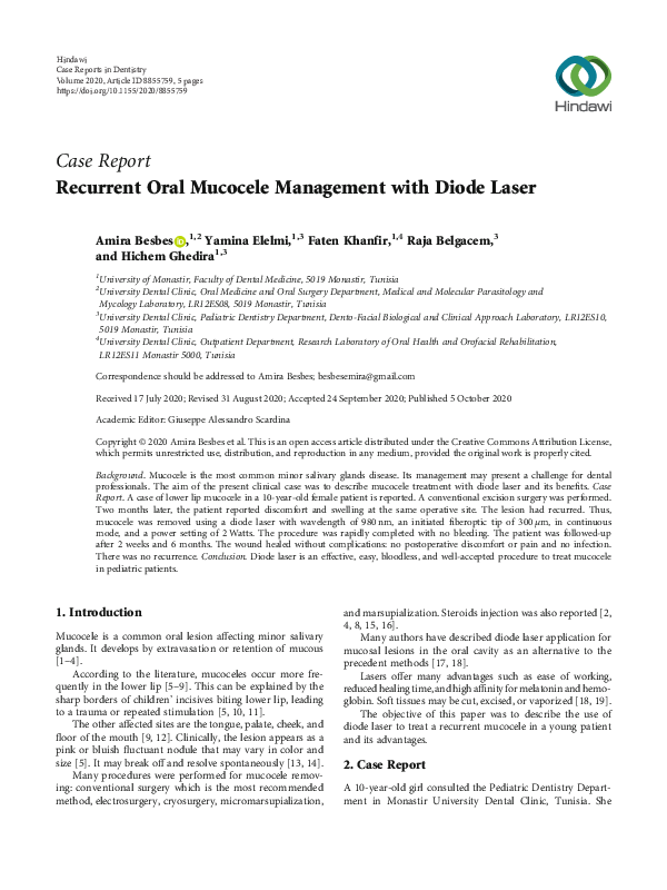 (PDF) Recurrent Oral Mucocele Management with Diode Laser