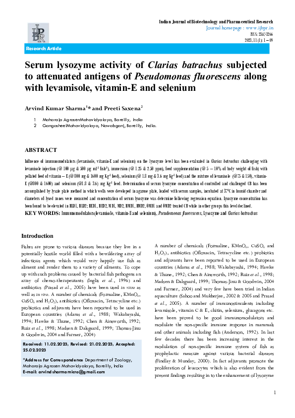 (PDF) Serum lysozyme activity of Clarias batrachus subjected to ...