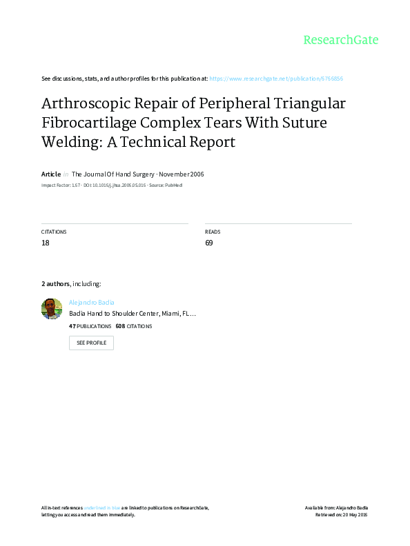 (PDF) Arthroscopic Repair of Peripheral Triangular Fibrocartilage Complex Tears With Suture ...