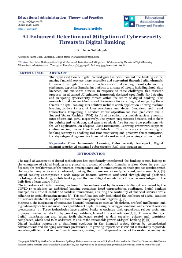 (PDF) AI-Enhanced Detection and Mitigation of Cybersecurity Threats in Digital Banking
