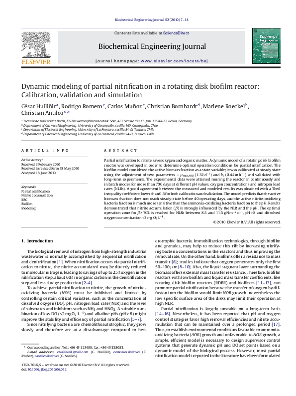 (PDF) Dynamic modeling of partial nitrification in a rotating disk biofilm reactor: Calibration ...