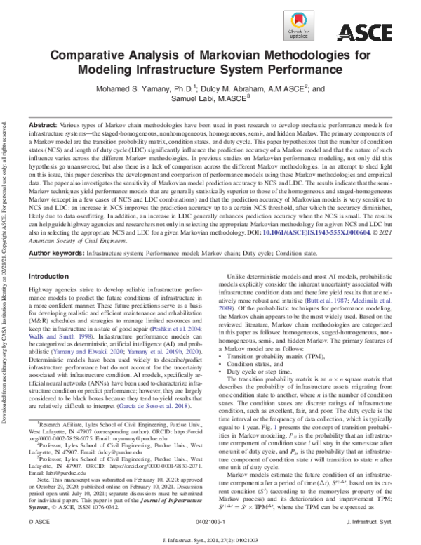 (PDF) Comparative Analysis of Markovian Methodologies for Modeling Infrastructure System Performance