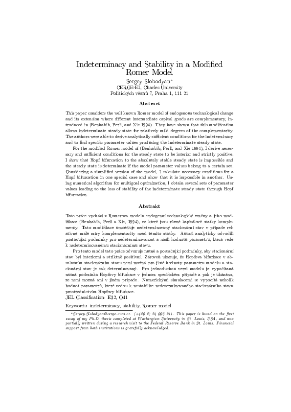 (PDF) Indeterminacy and Stability in a Modified Romer Model | Sergey Slobodyan - Academia.edu