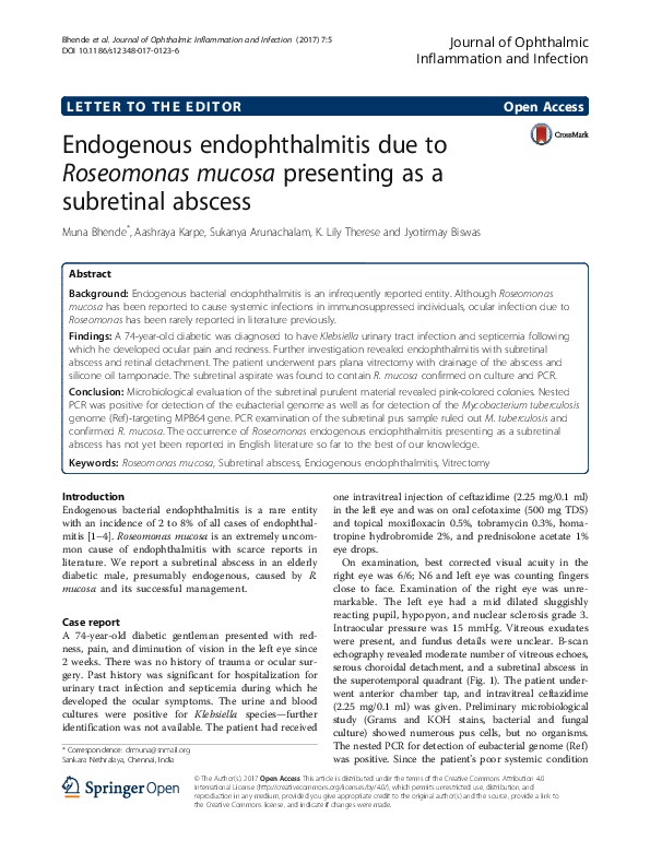(PDF) Endogenous endophthalmitis due to Roseomonas mucosa presenting as ...