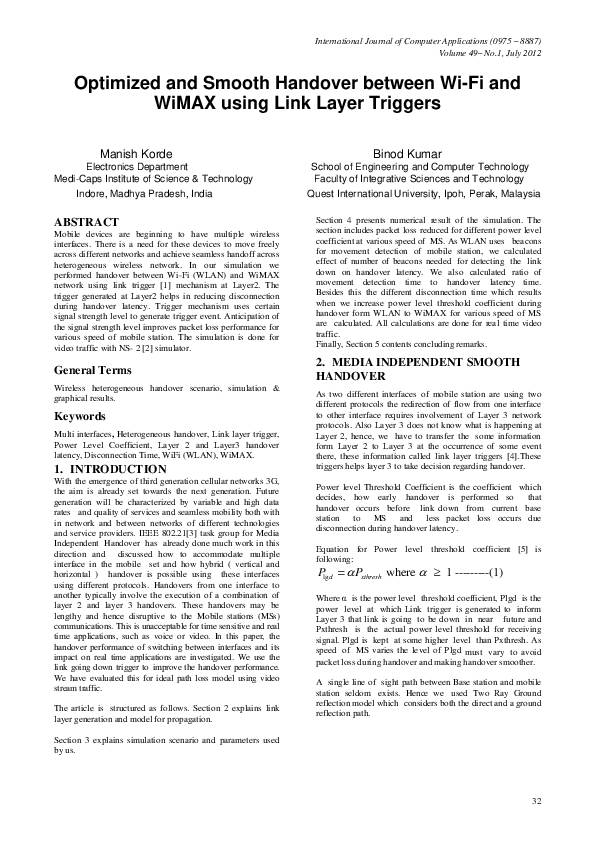Pdf Optimize And Smooth Handover Between Wifi Wimax And Using Link
