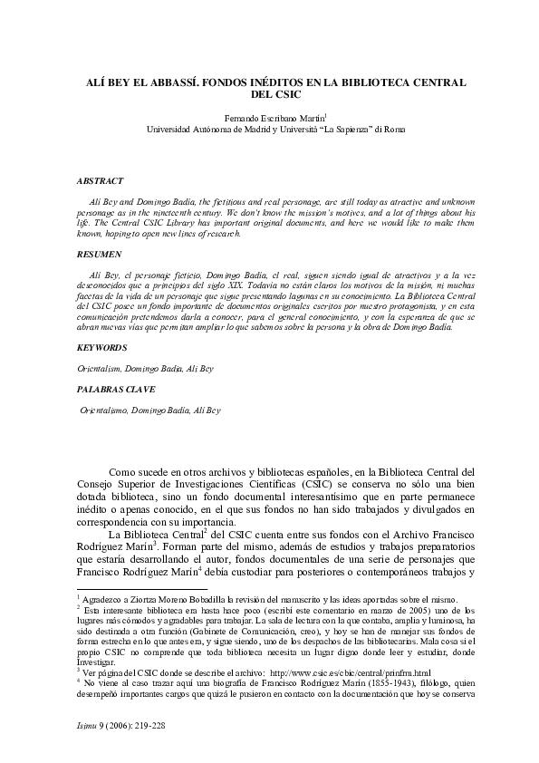 (PDF) Alí El Abbassí. Fondos inéditos en la biblioteca central del CSIC