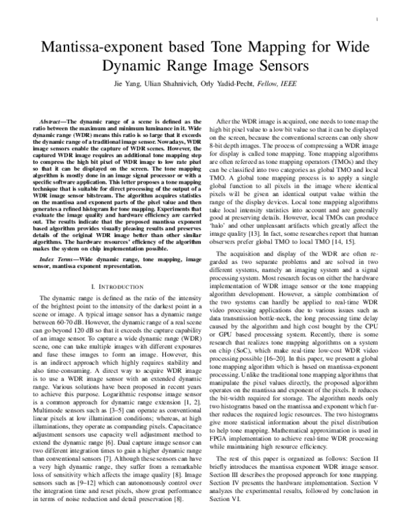 (PDF) Mantissa-Exponent-Based Tone Mapping for Wide Dynamic Range Image Sensors