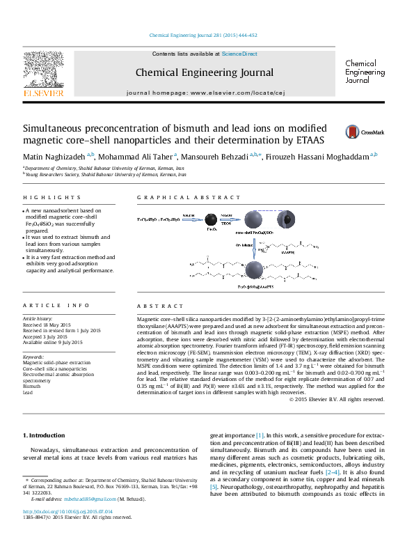 Pdf Simultaneous Preconcentration Of Bismuth And Lead Ions On Modified Magnetic Core Shell