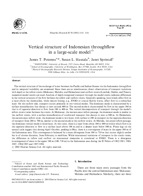 (PDF) Vertical structure of Indonesian throughflow in a large-scale model | James Potemra ...